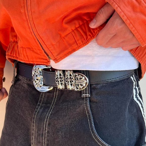 Accessories | Vintage Chrome Buckle Black American Western Design Belt ...